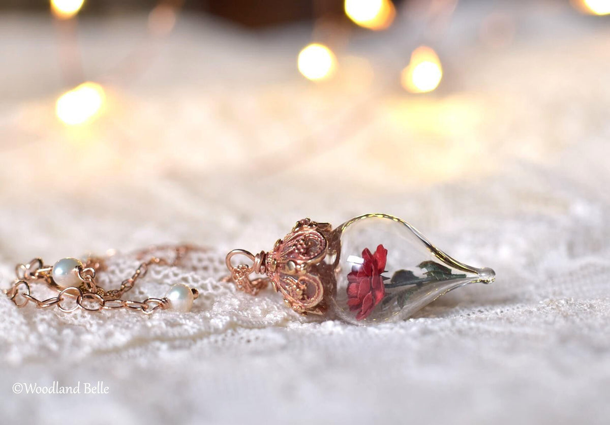 Rose Gold Red Rose Necklace - Flower Glass Pendant - Pink Gold Beauty ...